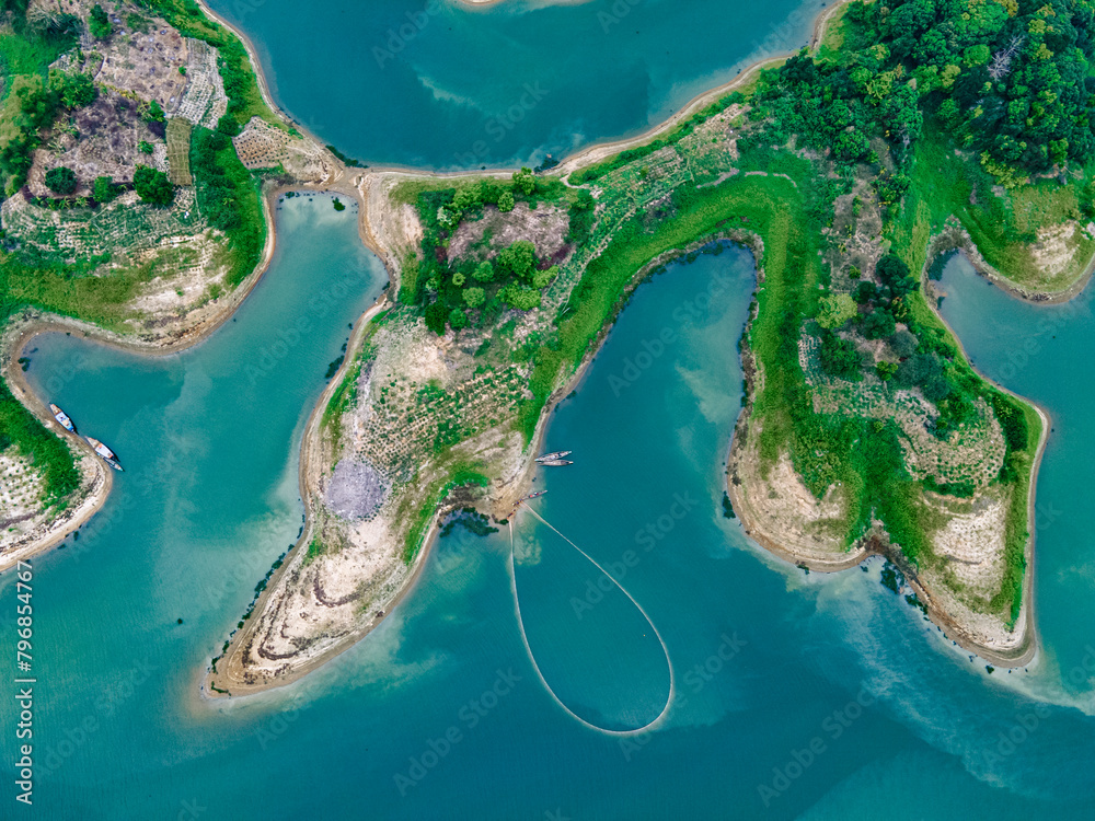 Aerial view of islands in Kaptai Lake in Rangamati District of ...