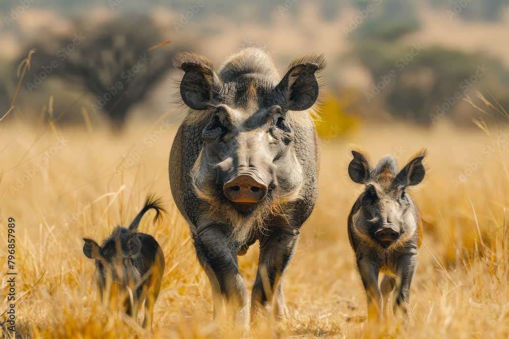 A warthog family foraging for roots, their tails erect and tufted with ...