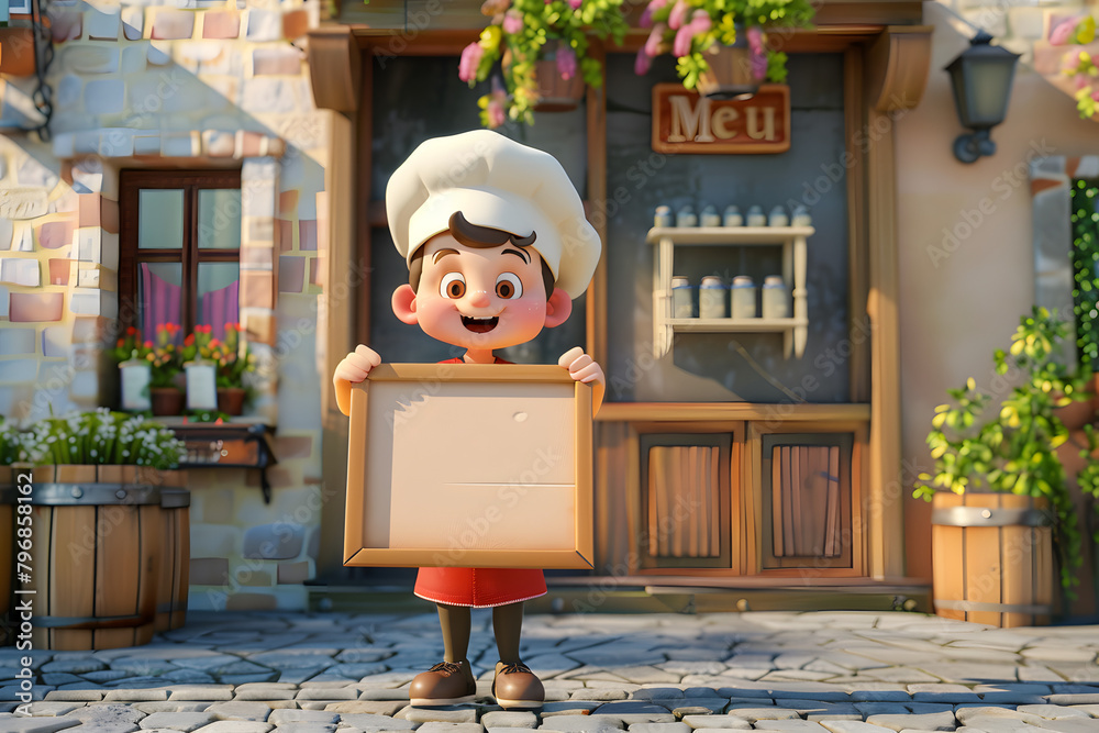 3D cartoon character dressed as a chef, holding a menu board outside a ...