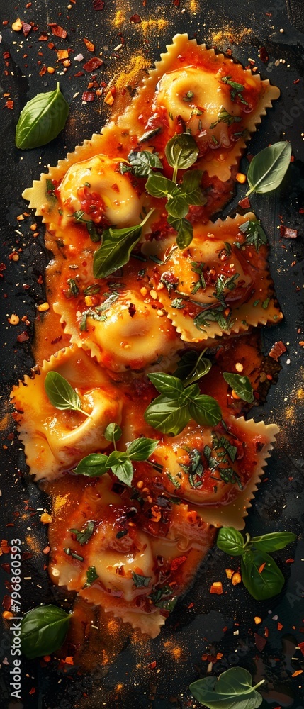 Envision a mouthwatering illustration of a classic Italian dish ravioli ...