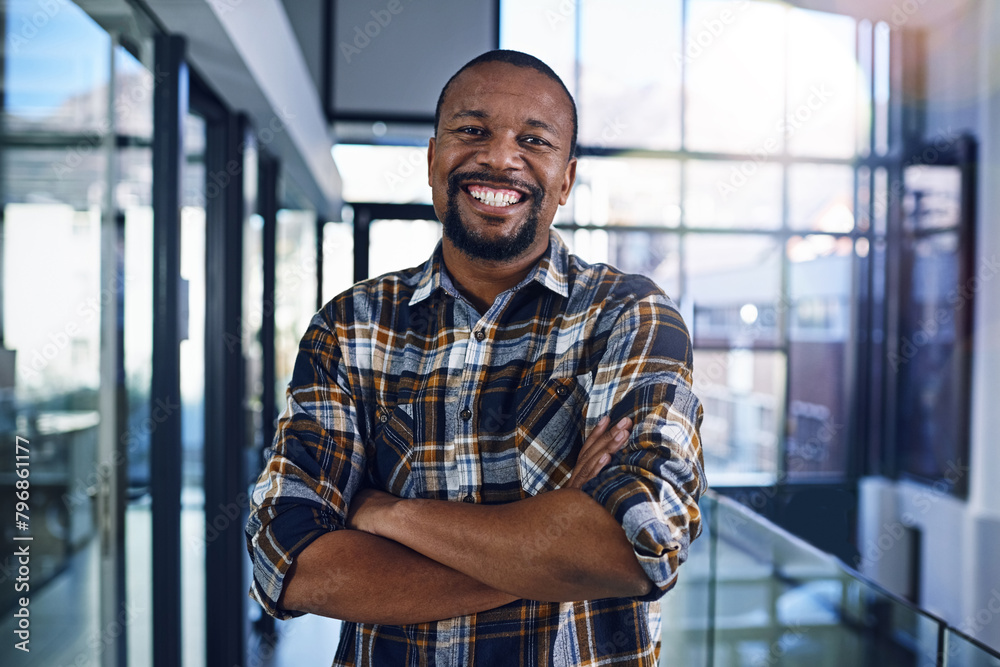 Office, crossed arms and portrait of business black man with company pride, confidence and smile ...