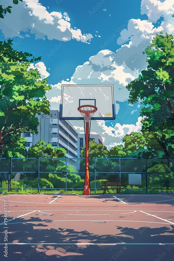 Imagine a cute and exciting basketball scene with a plain backdrop ...