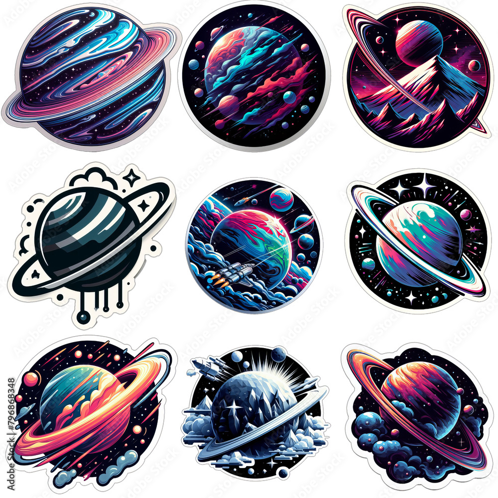 Space icons and stickers set with planets and saturn isolated on ...
