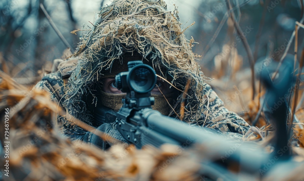 Special forces sniper soldier wearing ghillie suit laying on ground ...