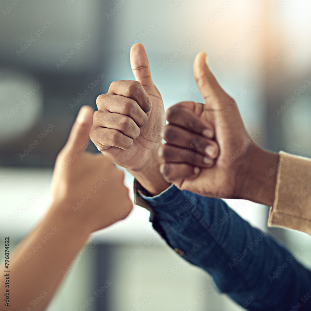 Business people, thumbs up and trust teamwork in office, company win ...