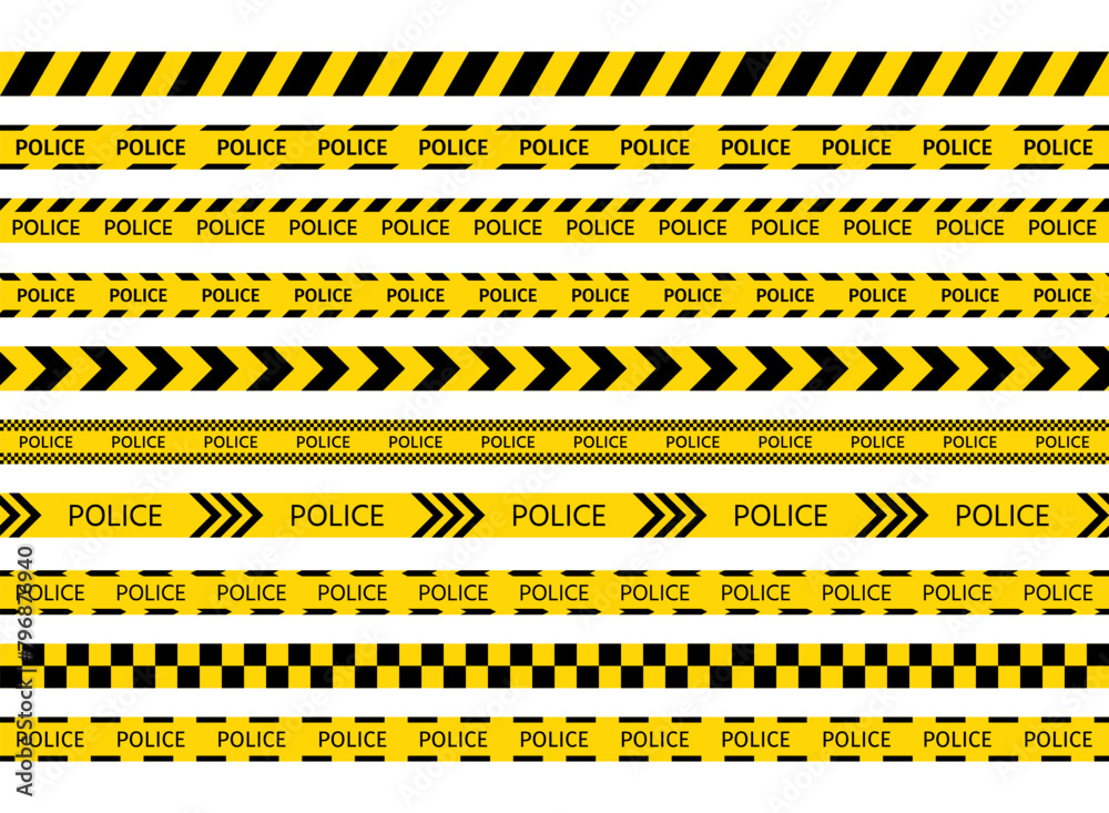 Police yellow tapes. Striped security ribbons for crime places. Set ...
