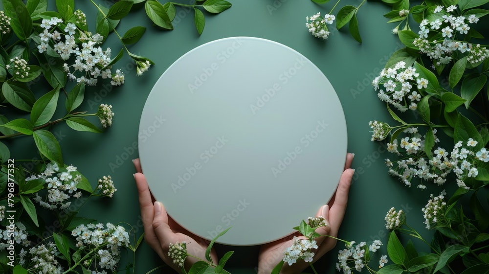 This image features an elegant white round banner held by hands ...