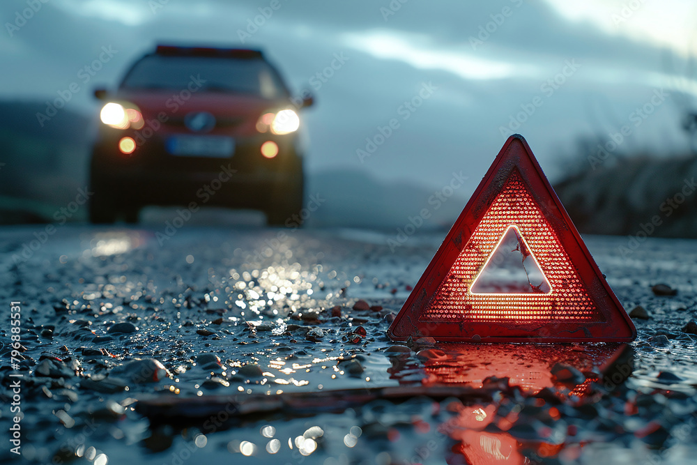 Red emergency safety triangle or stop sign on road. Damaged car on city ...