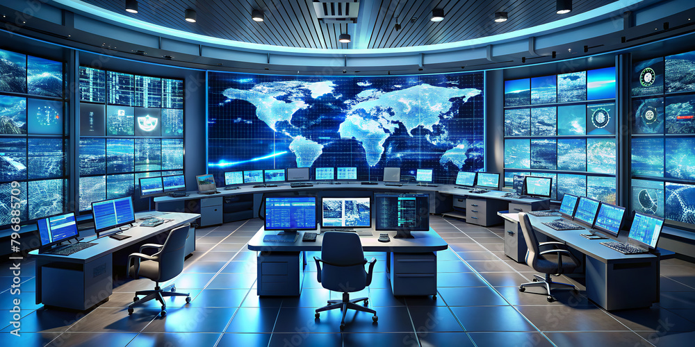 The high-tech control room is equipped with a number of screens and ...