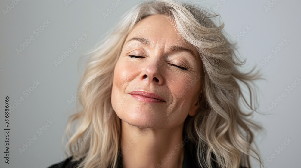 Beautiful senior older woman with closed eyes. Beautiful portrait mid ...