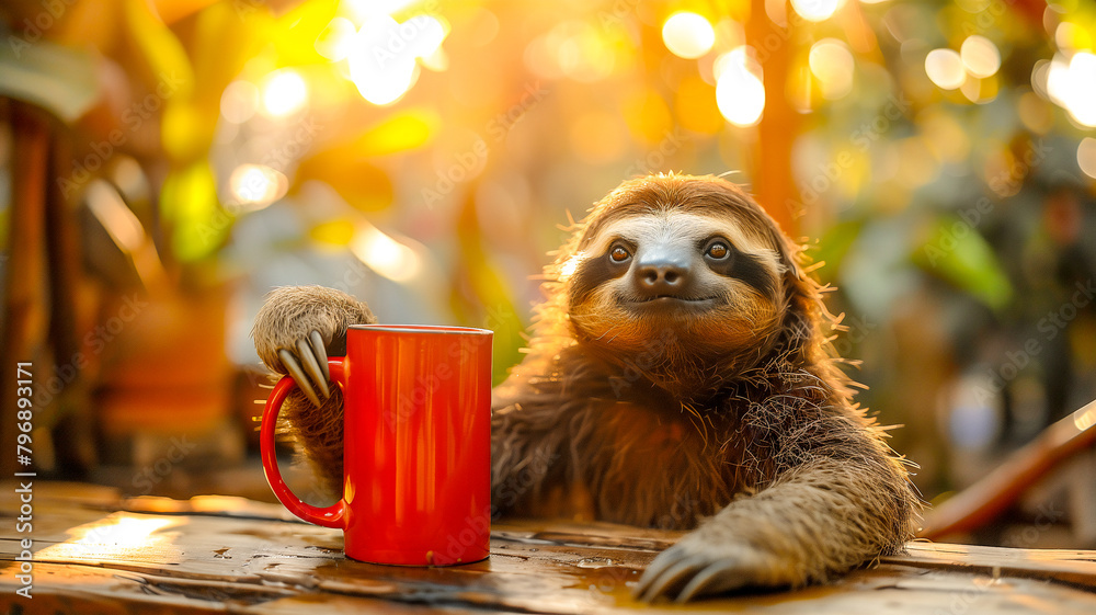 Cool sloth start day with good coffee charge energy in the morning ...