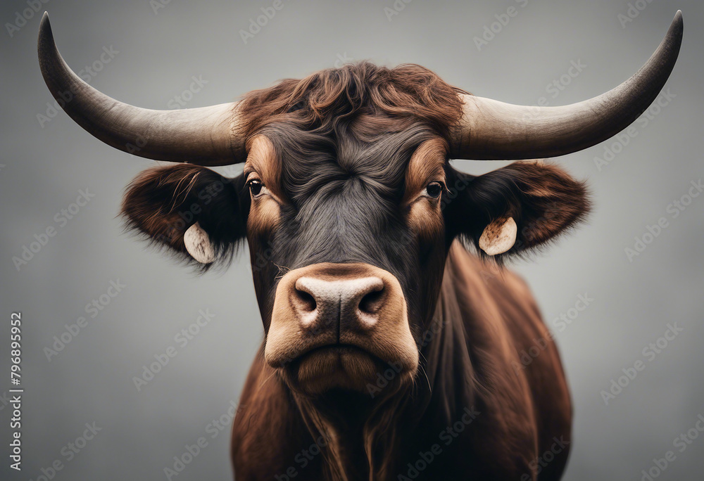 Strongest dark brown bull with muscles and long horns portrait looking ...