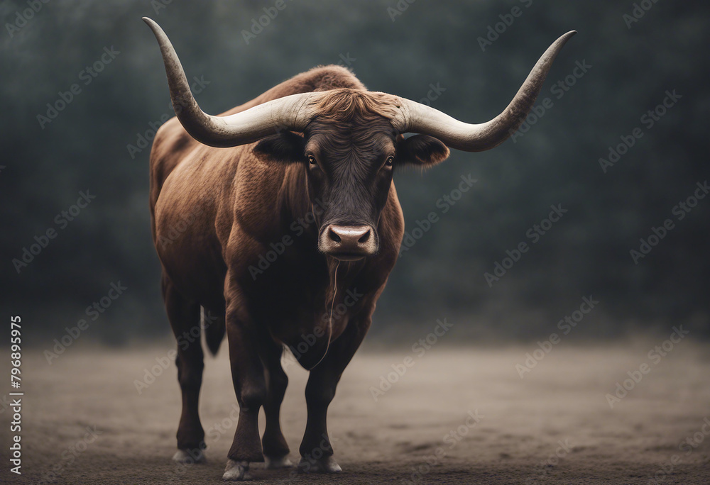 Strongest dark brown bull with muscles and long horns portrait looking ...