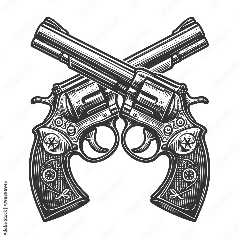 crossed vintage revolvers, rendered in high detail, symbolizing the old ...