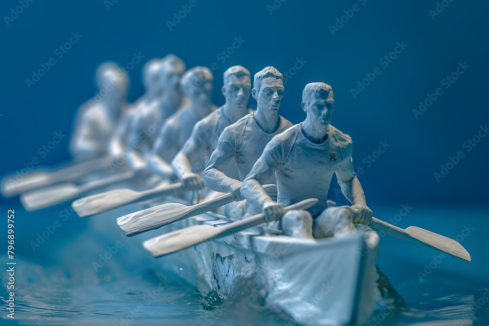 A statue of a rowing crew in sync, set against a teamwork cerulean ...