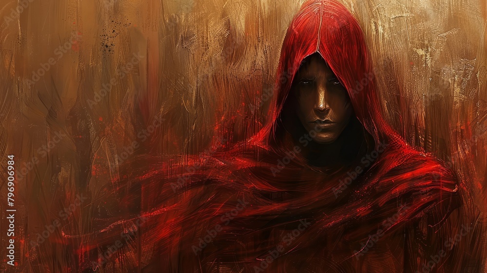 A person wearing a red cloak over their head and a red hood concealing ...