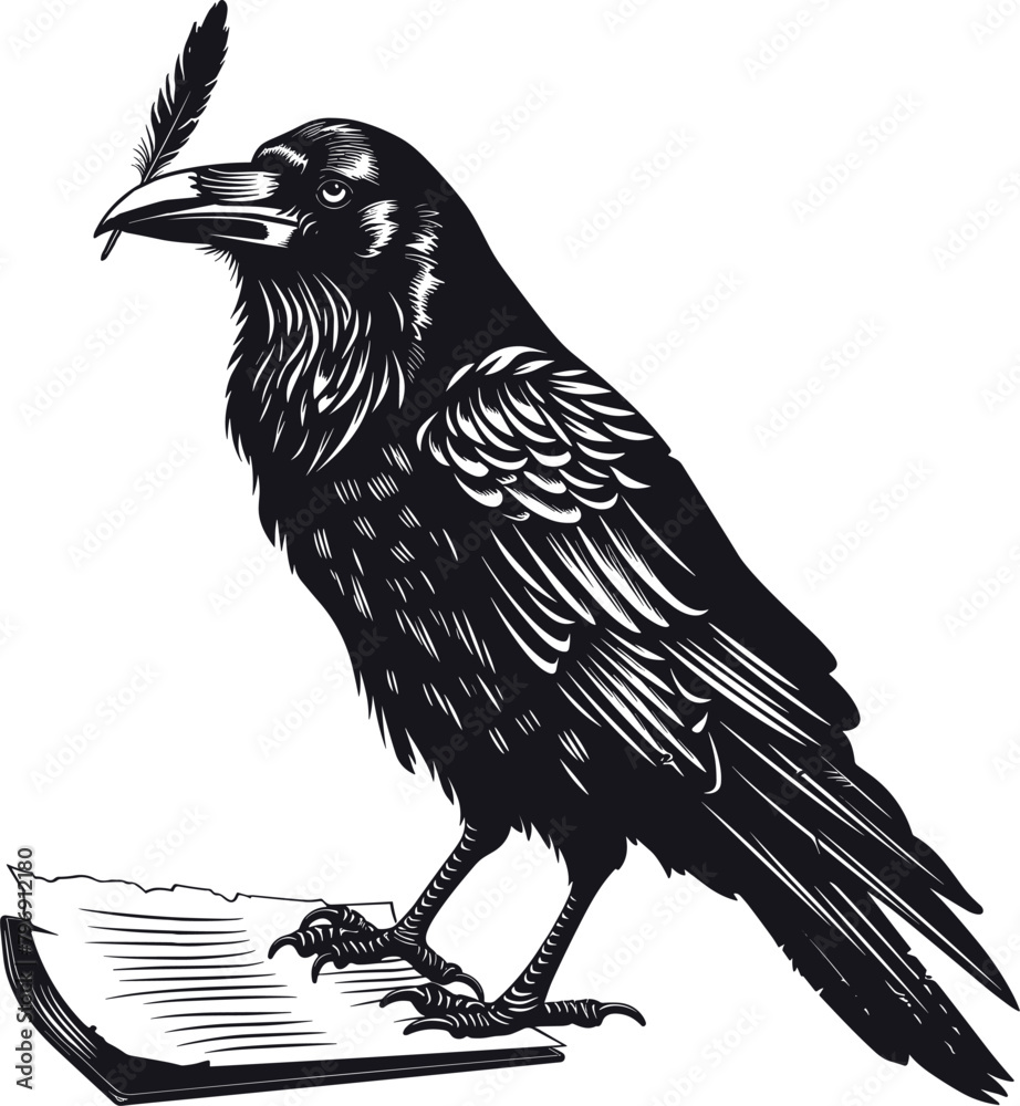 Raven taking notes with a quill pen, vector illustration. Stock Vector ...