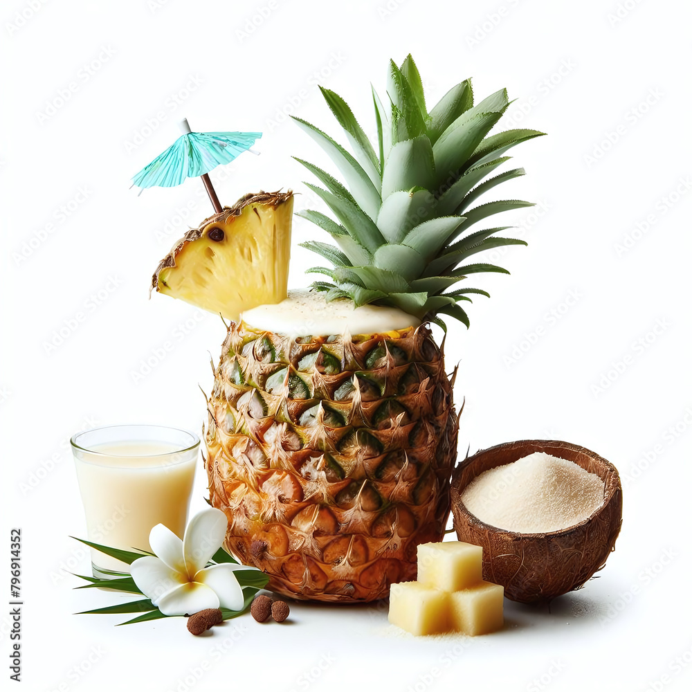 Tropical Pina Colada cocktail with coconut, pineapple slices, and a ...