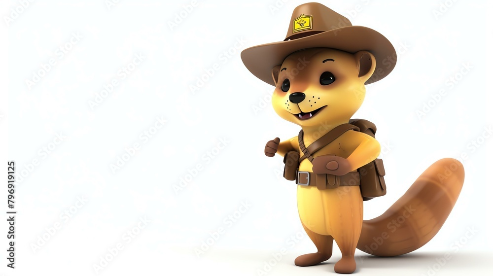 3D illustration of a happy cartoon beaver wearing a brown hat and ...