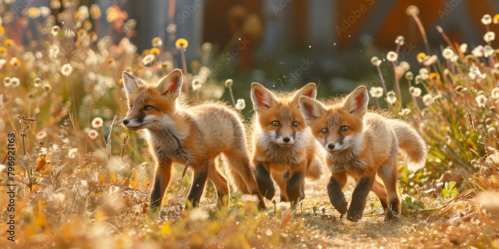 Little foxes rest and play in the forest. Wild animals in the forest ...