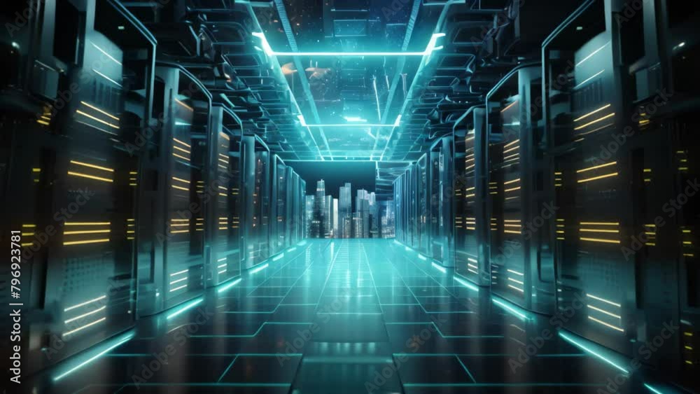 Futuristic server room with blue neon lights. 3d rendering, IT Server ...