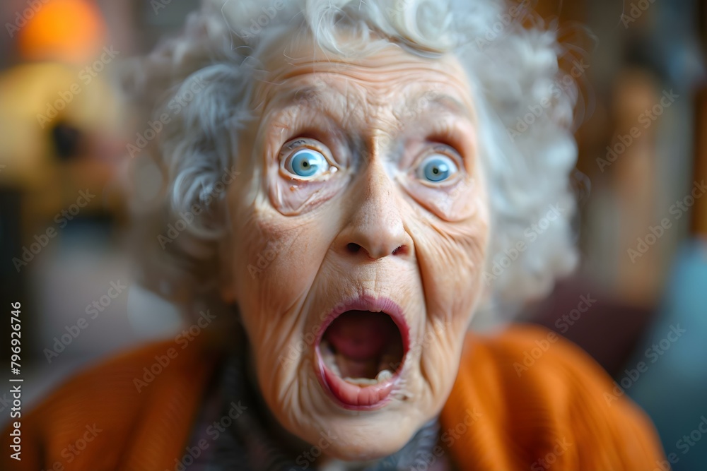 Elderly woman with open mouth symbolizes surprise shock or amazement in ...