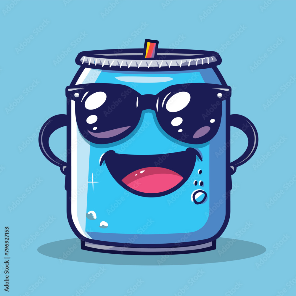 Cute soda can cartoon character with sunglasses flat vector ...