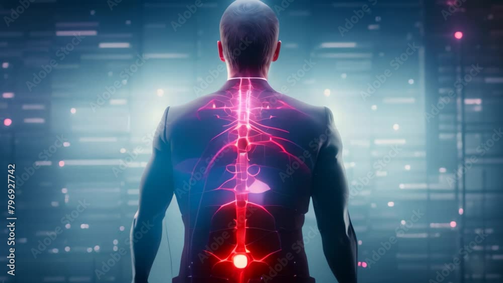Back view of businessman looking at x-ray human body on digital ...