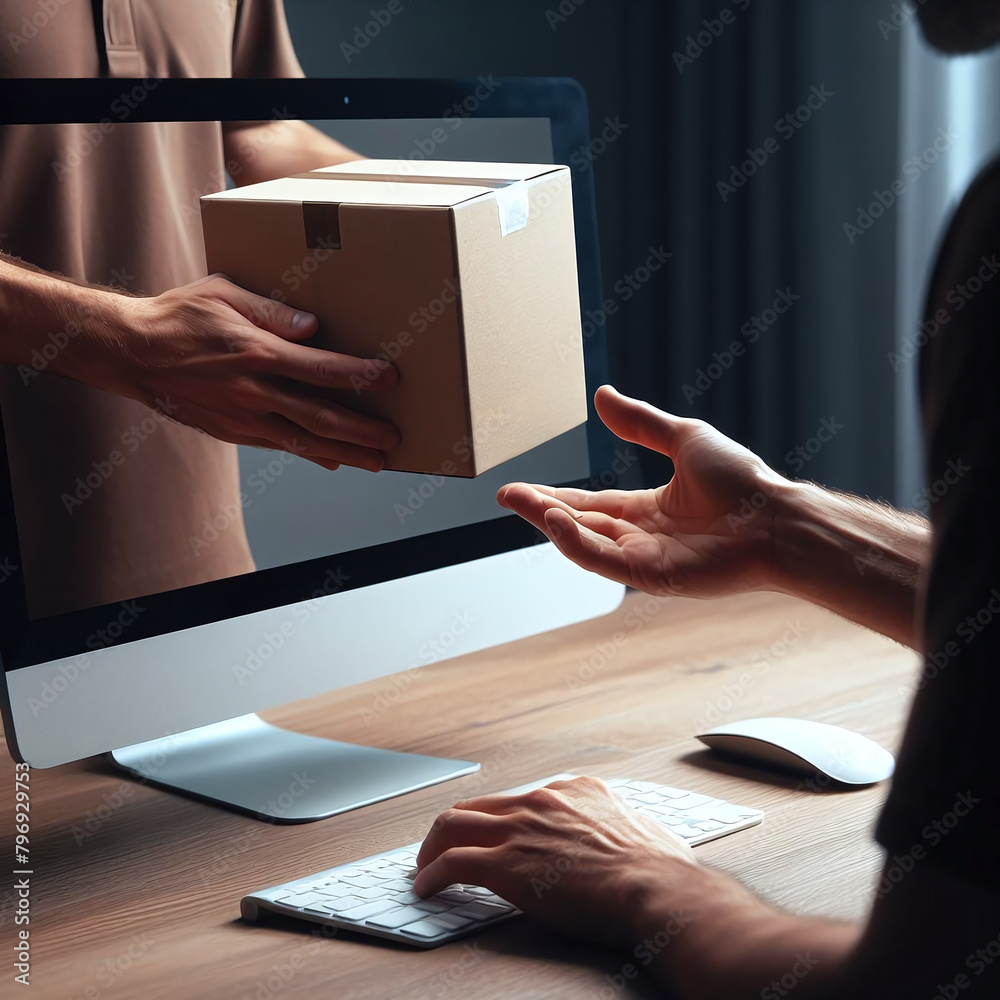 Delivery service concept with a courier handing over a package through ...