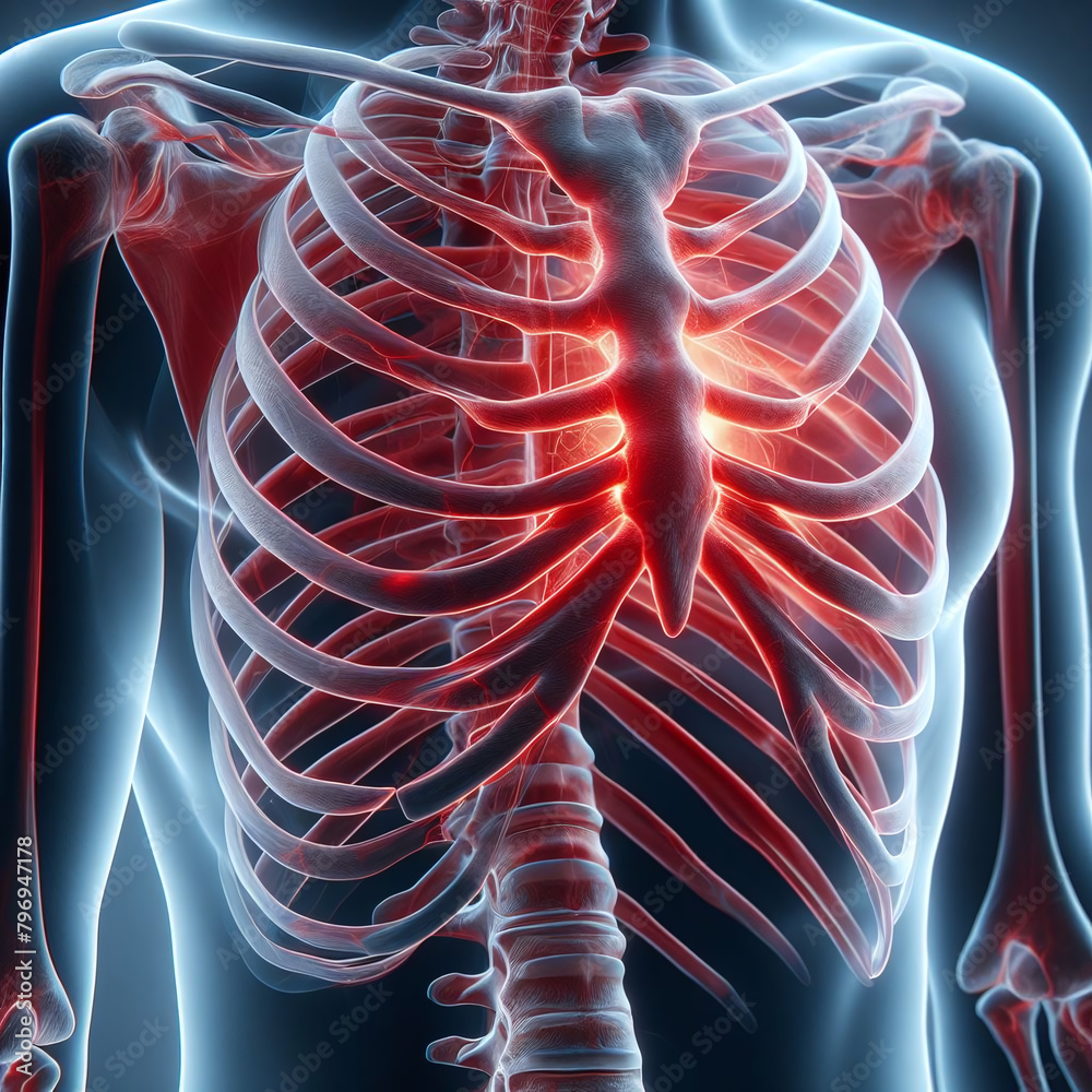 Digital illustration of a human chest anatomy showing the rib cage and ...