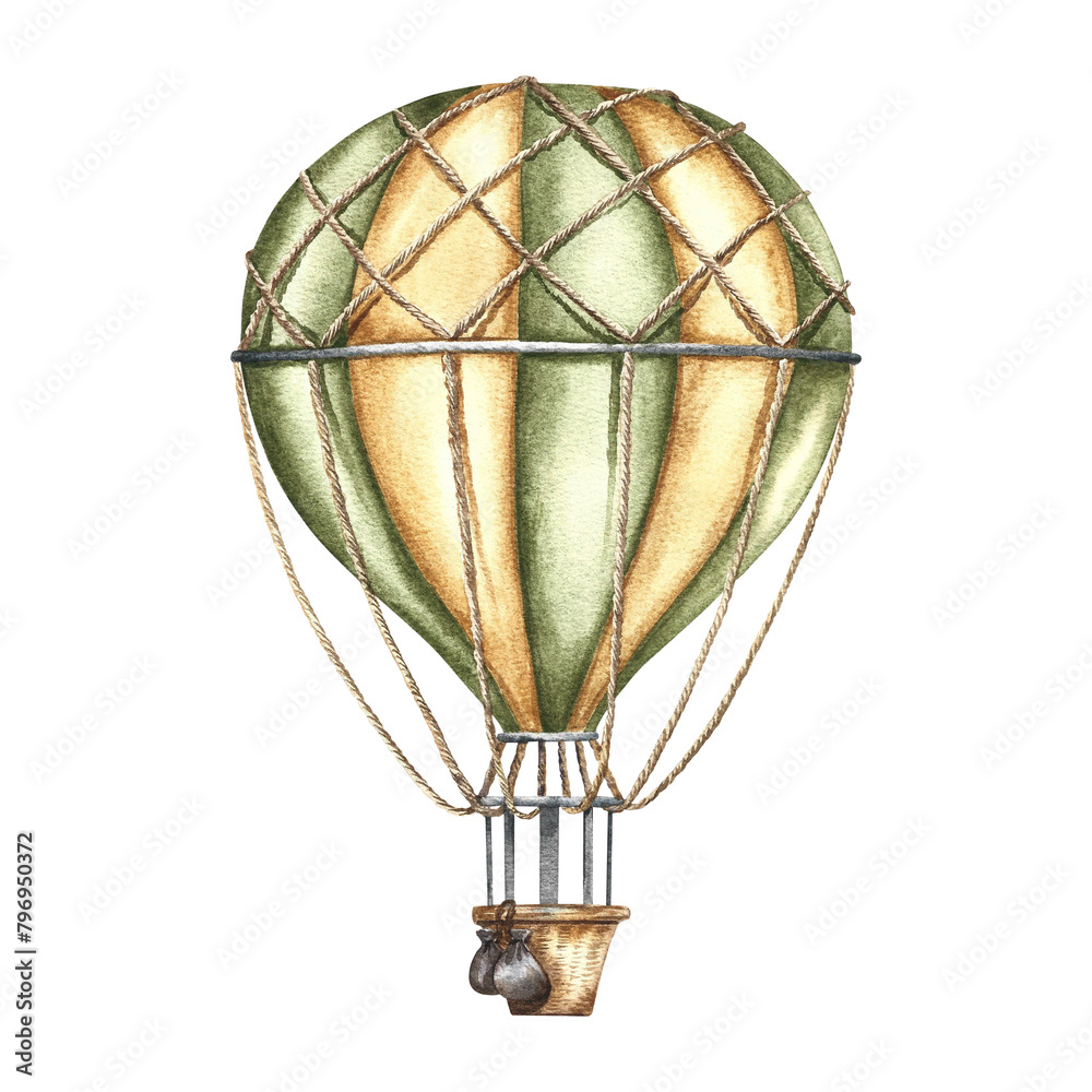Vintage balloon with basket. A hand-drawn watercolor illustration ...