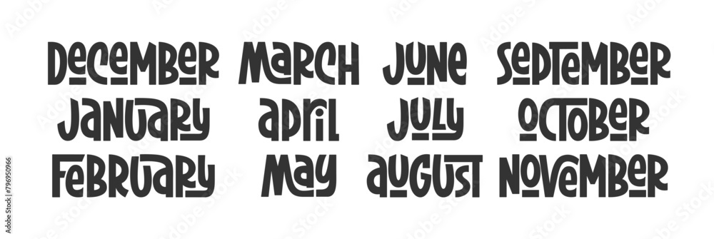 Months Names Hand Lettering Set. Vector Handwritten Words for Calendar ...
