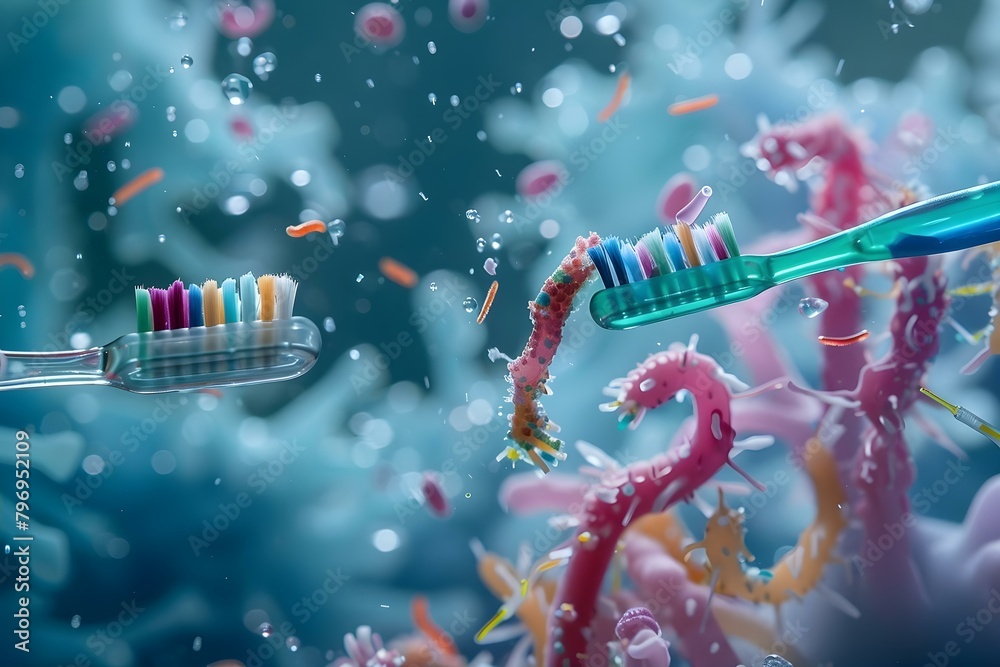 Abstract battle scene between bacteria and toothbrushes fighting tooth ...