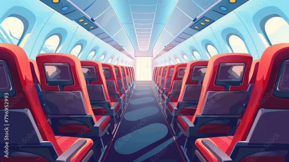 Vector illustration of the red interior of a passenger airplane cabin ...