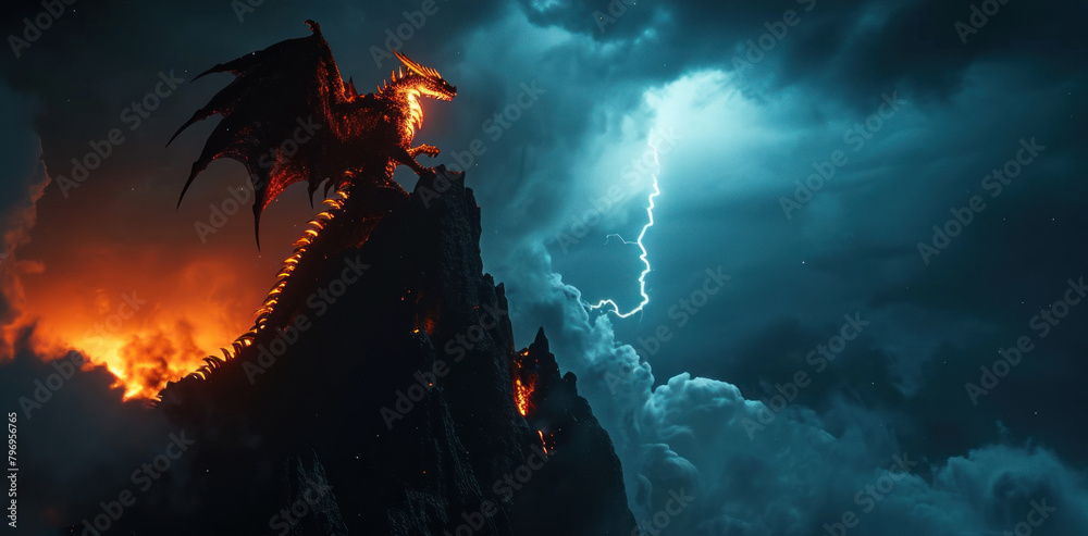 Angry evil dragon with red eyes and fire flames lightning bolt. Stock ...