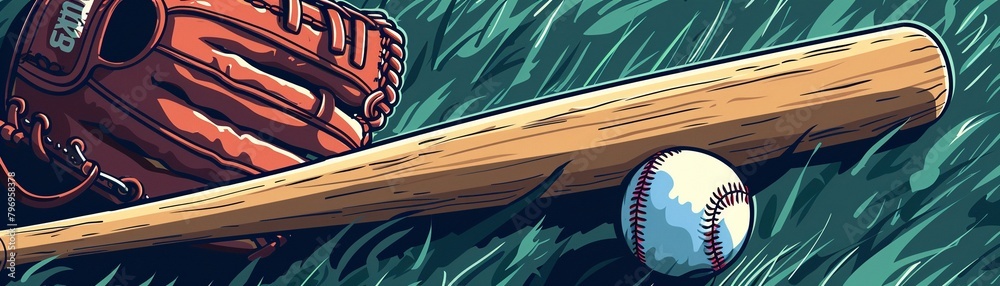 The cartoonstyle 2D illustration showcases a baseball bat, glove, and ...