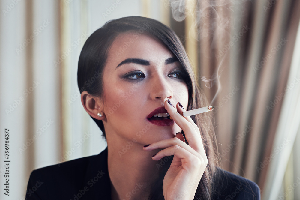 Woman, cigarette and smoking with thinking in home for decision, memory ...