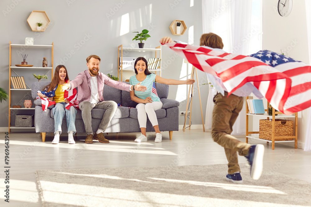 Happy funny children having fun and running with flags of united states ...