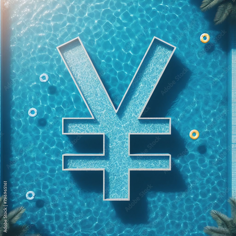 Japanese yen (¥) symbol floating in a pool, concept for finance or ...
