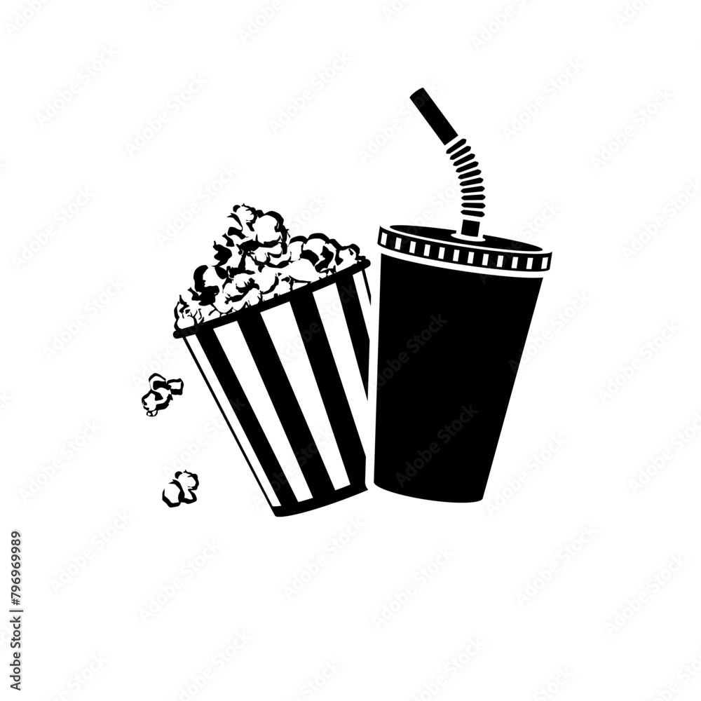 Popcorn and soda black icon. Tasty popcorn in a big red and white paper ...