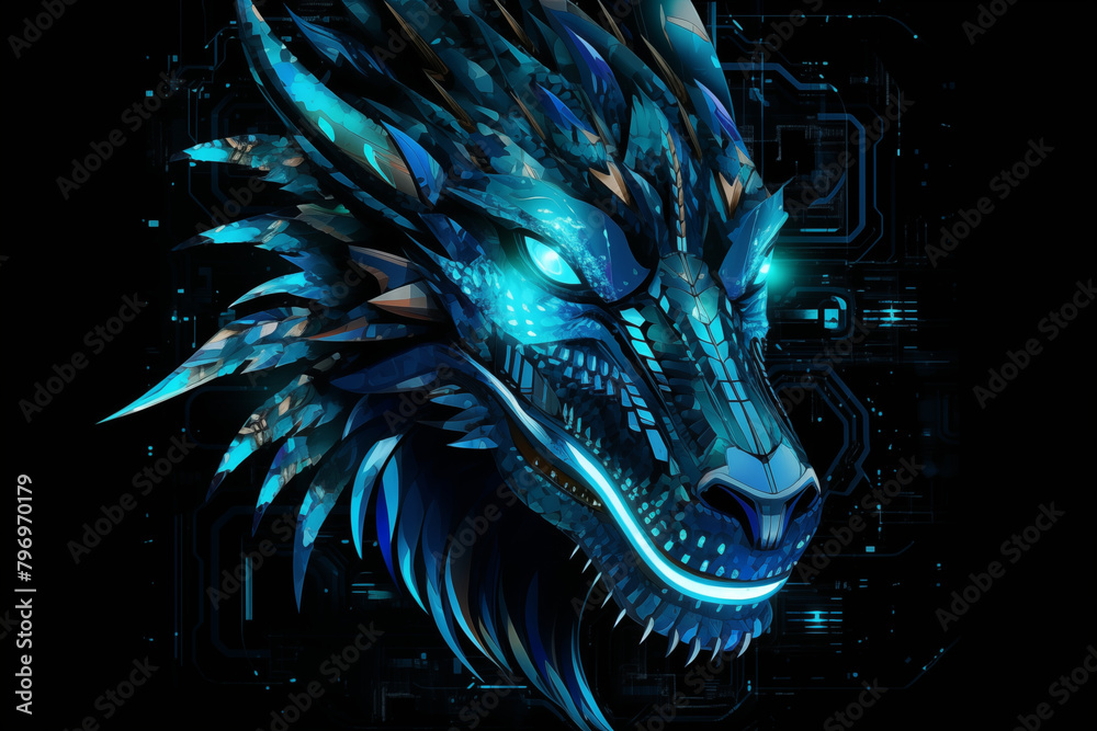 Neon blue cybernetic dragon head in digital environment, perfect for ...