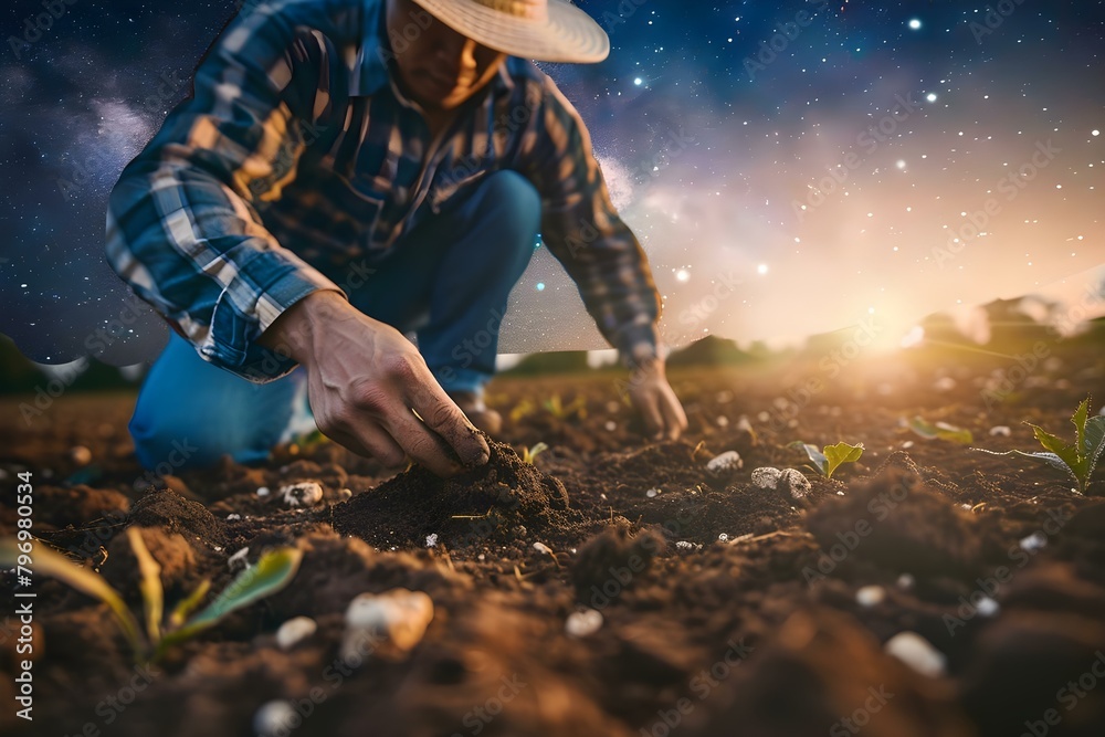 Farmer expert checking soil health with Milky Way galaxy in background ...