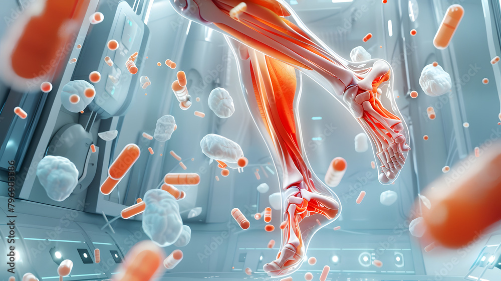 3D visualization of a human calf encompassed by strange medical screens ...