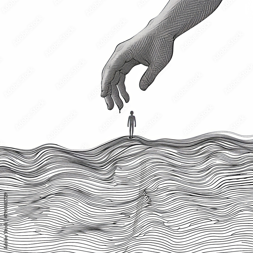 A giant hand catches the little man. The concept of control, dominance ...