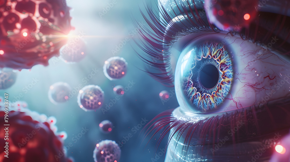 3D visualization of a human eye encompassed by strange medical panels ...