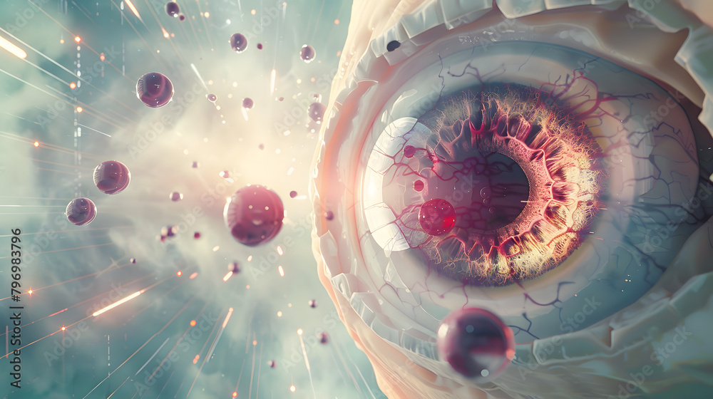 3D visualization of a human eye encompassed by strange medical panels ...