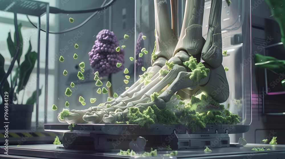 3D visualization of a human foot encased in peculiar medical panels ...