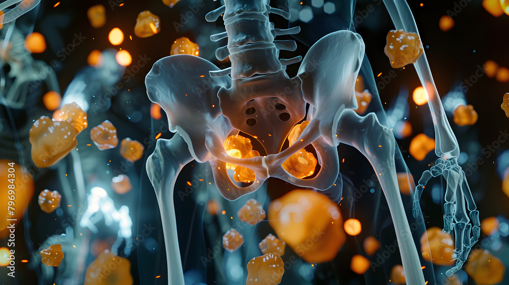 3D visualization of a human hip encased in peculiar medical screens ...