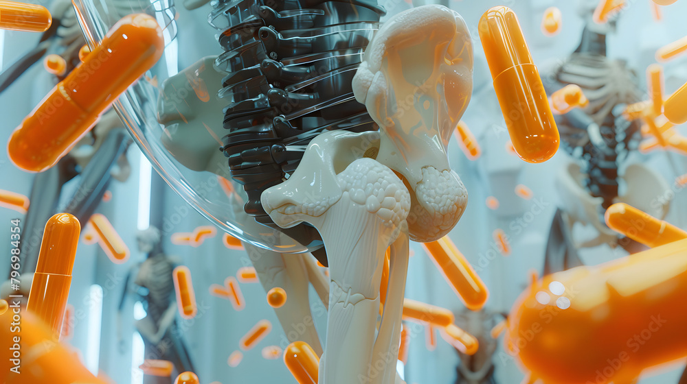 3D visualization of a human hip encased in peculiar medical screens ...
