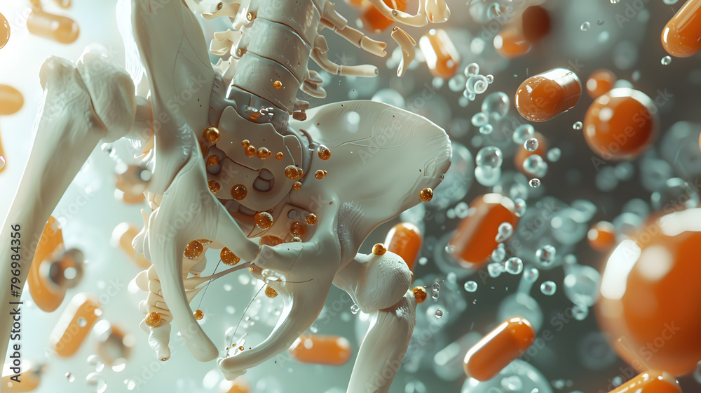 3D visualization of a human hip encased in peculiar medical screens ...